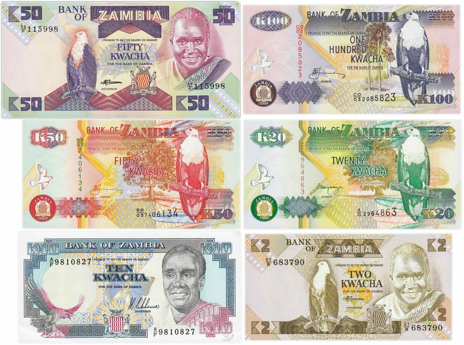 Замбия набор из 6 банкнот 2, 10, 20, 50, 100 квача 1992-2008
