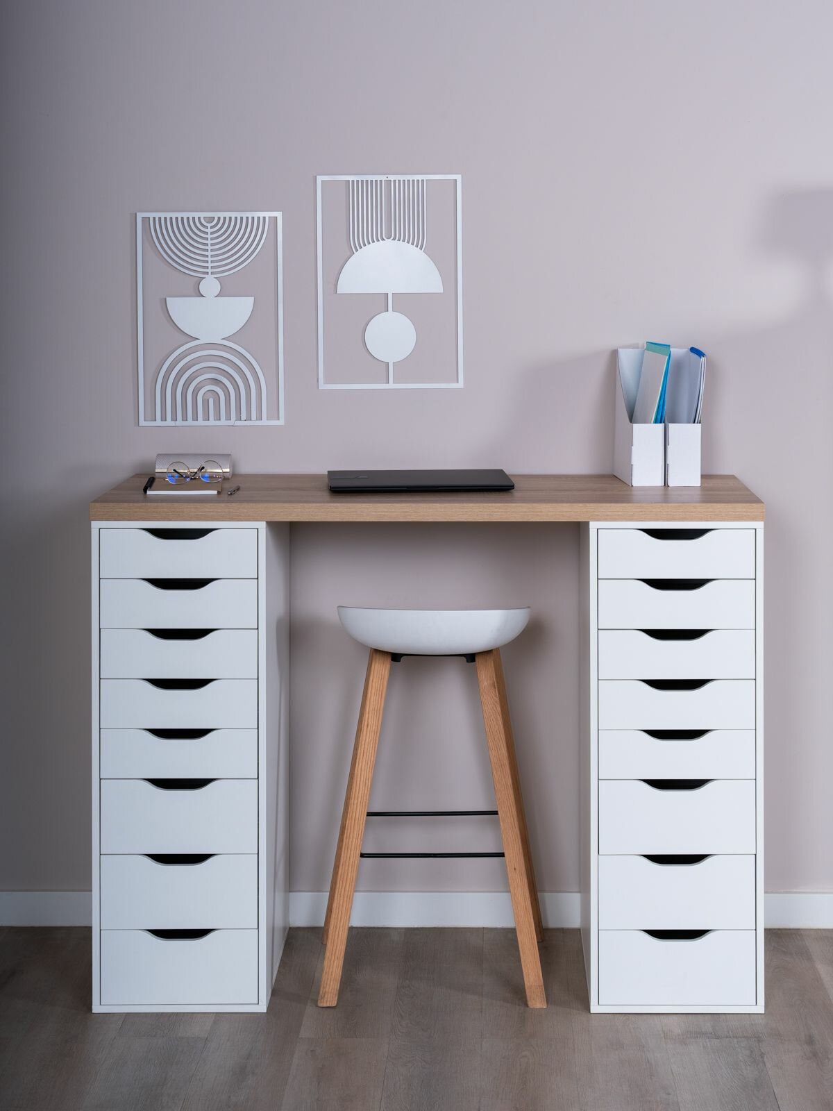 Стол письменный Ингар, 16 ящиков, 140х106х55 см, дуб беленый, ГУД лакк