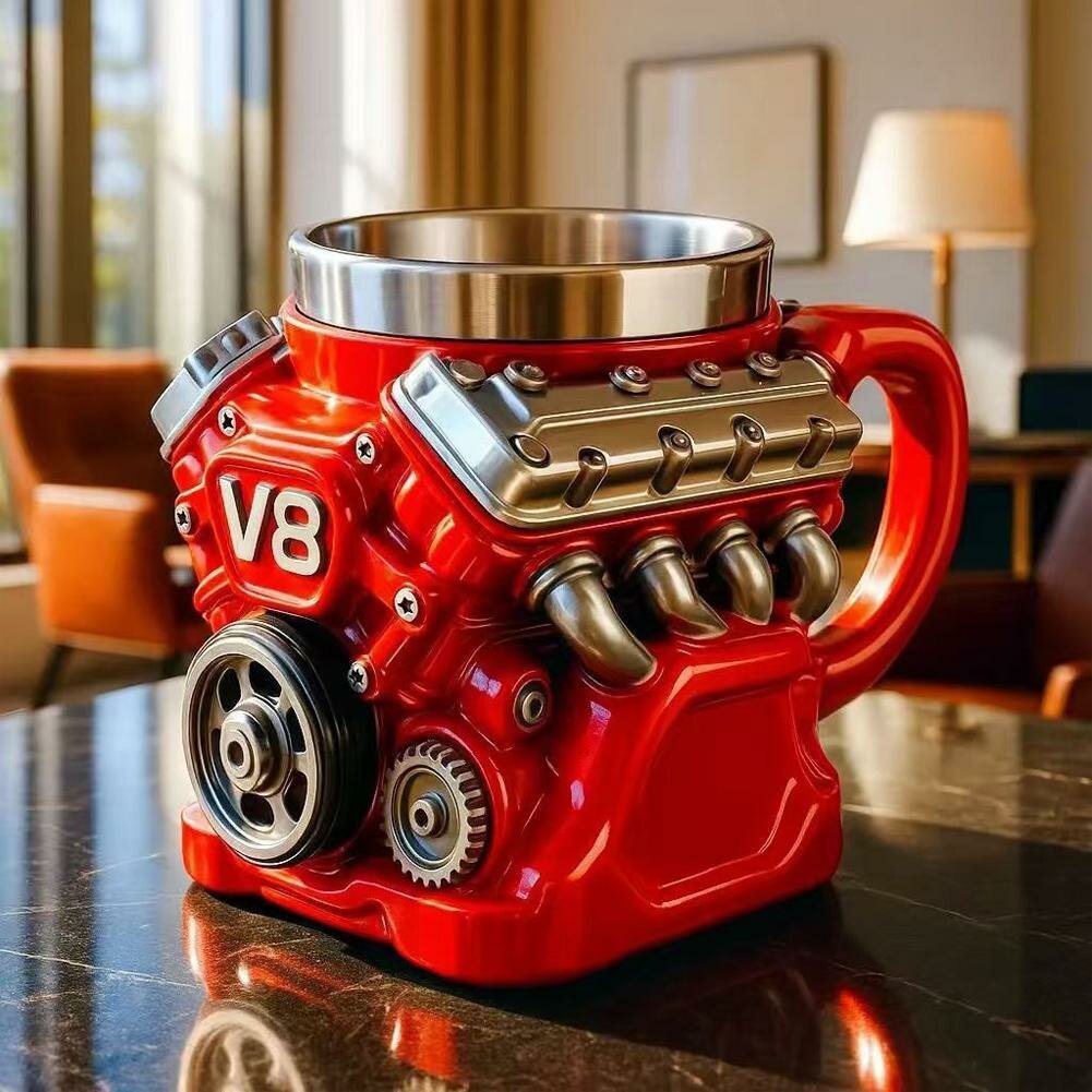 Кружка с изображением нового механического двигателя V8 — фото 1