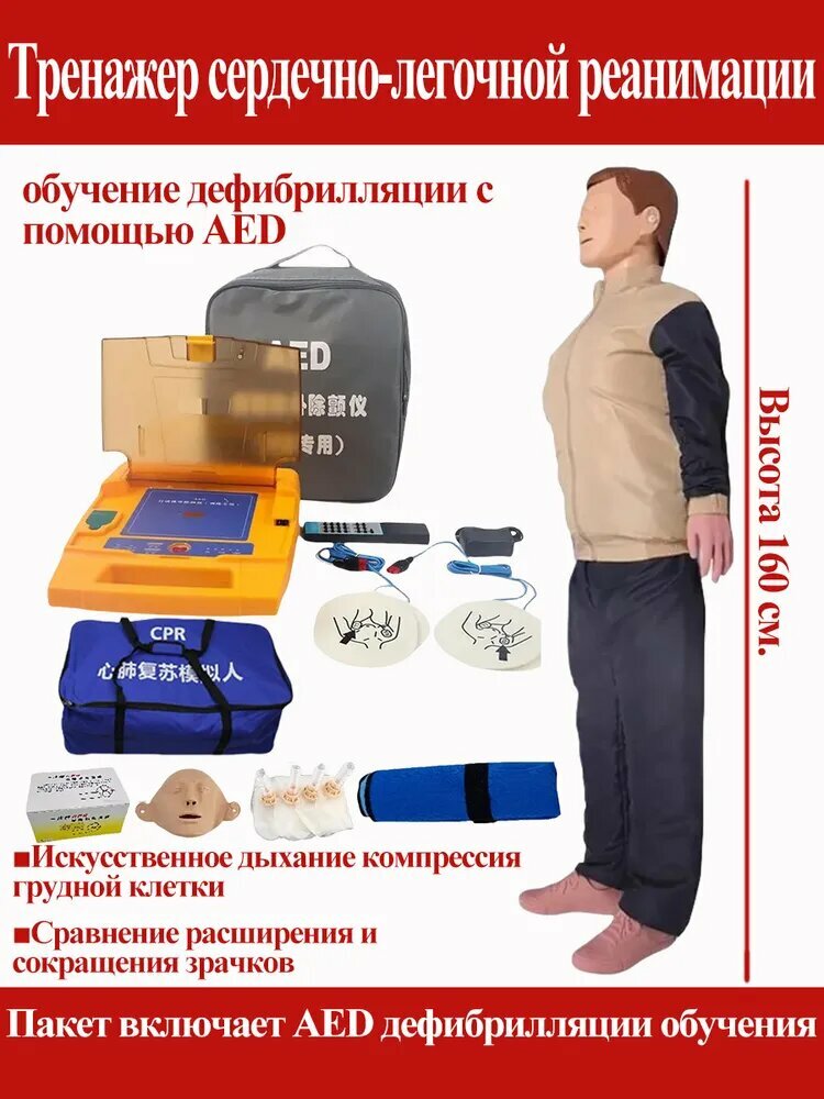 Тренажер сердечно-легочной реанимации (СЛР), манекен для обучения первой помощи (с обучением работе с дефибриллятором AED) Русская инструкция