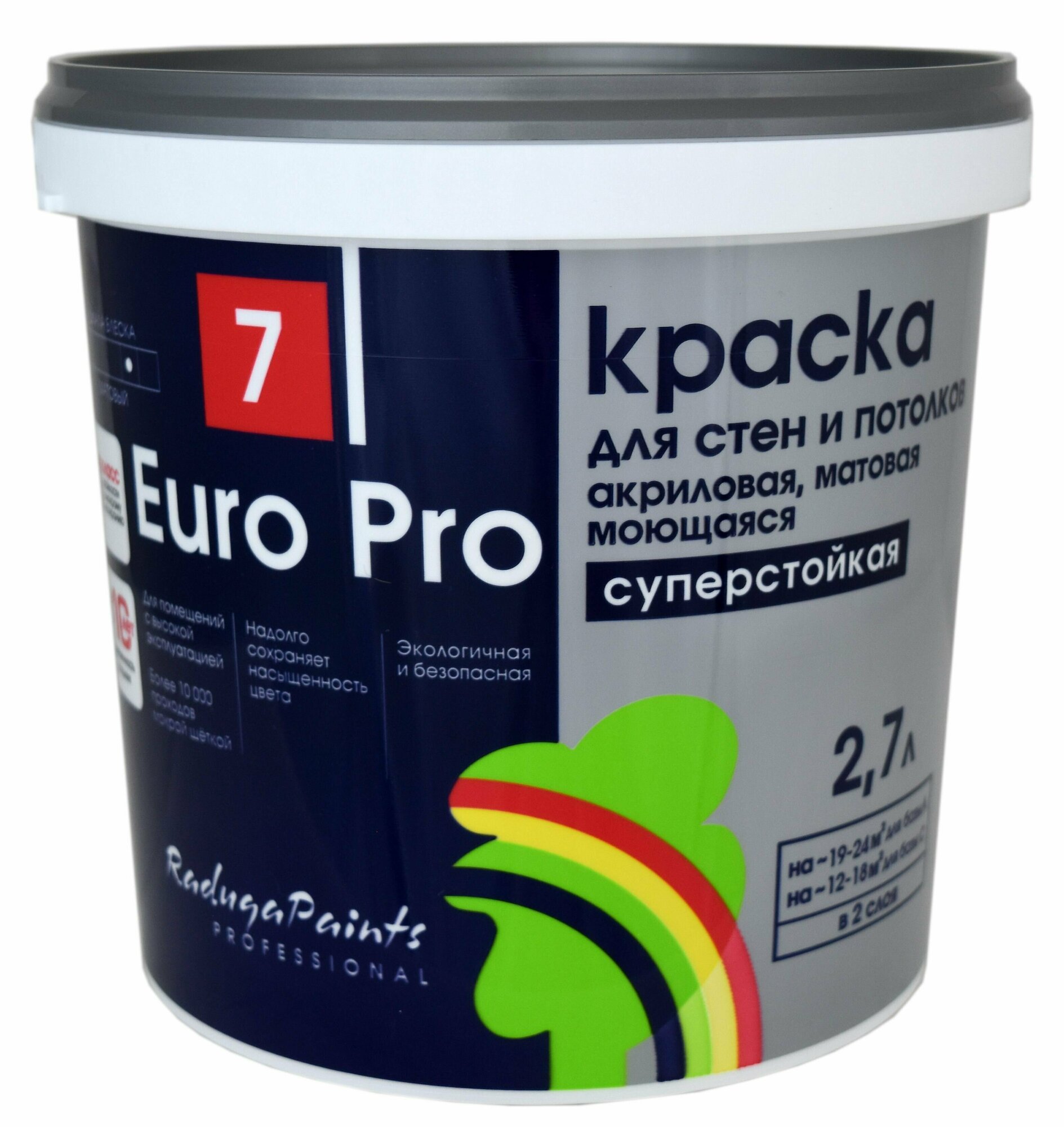 Краска для стен и потолков "Euro Pro" матовая моющаяся белая 2.7л