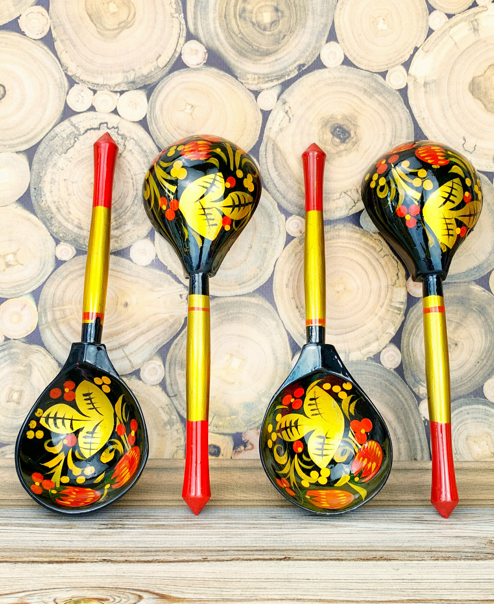 Ложки деревянные музыкальные, столовые, народные музыкальные инструменты, ручная авторская роспись, желтые, 4 шт.