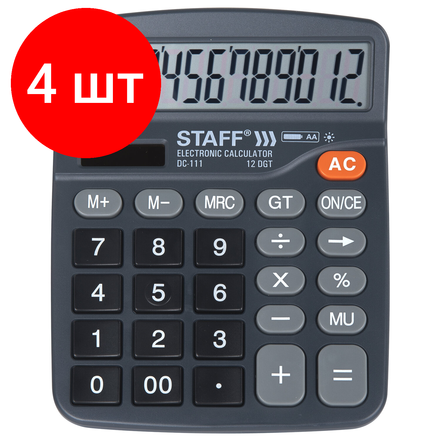 Комплект 4 шт, Калькулятор настольный STAFF PLUS DC-111 (180x145 мм), 12 разрядов, двойное питание, +батарейка АА, 250427