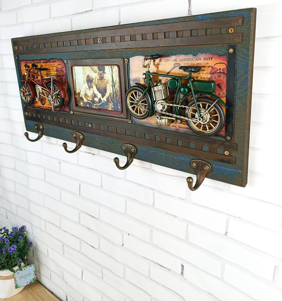 Ключница винтажная с фоторамкой, дерево-металл 50х22х5см