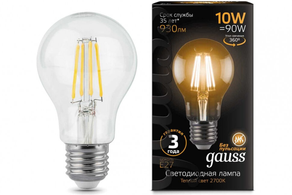 Лампа Gauss Filament Груша А60 Е27, 10 Вт, 930ЛМ, 2700К