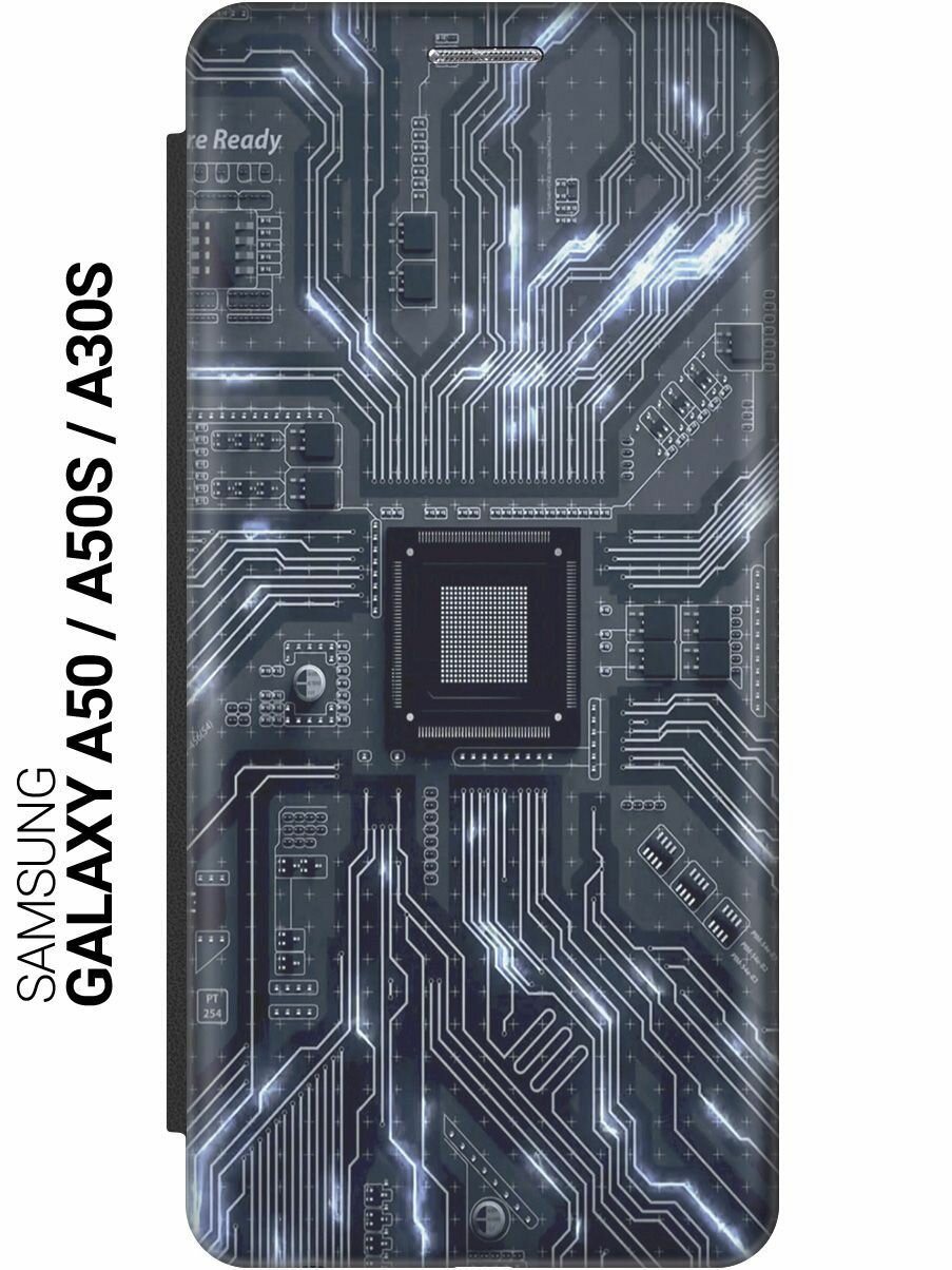 Чехол-книжка на Samsung Galaxy A50, A50s, A30s, Самсунг А50, А30с, А50с с 3D принтом "Синяя микросхема" черный