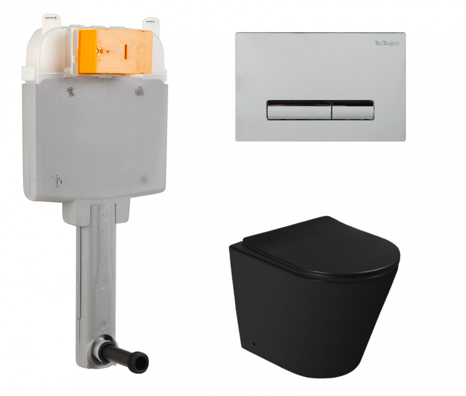 Комплект 3 в 1 смывной бачок скрытого монтажа BelBagno BB025-CS + Унитаз приставной SantiLine SL-5020MB с кнопкой хром Genova