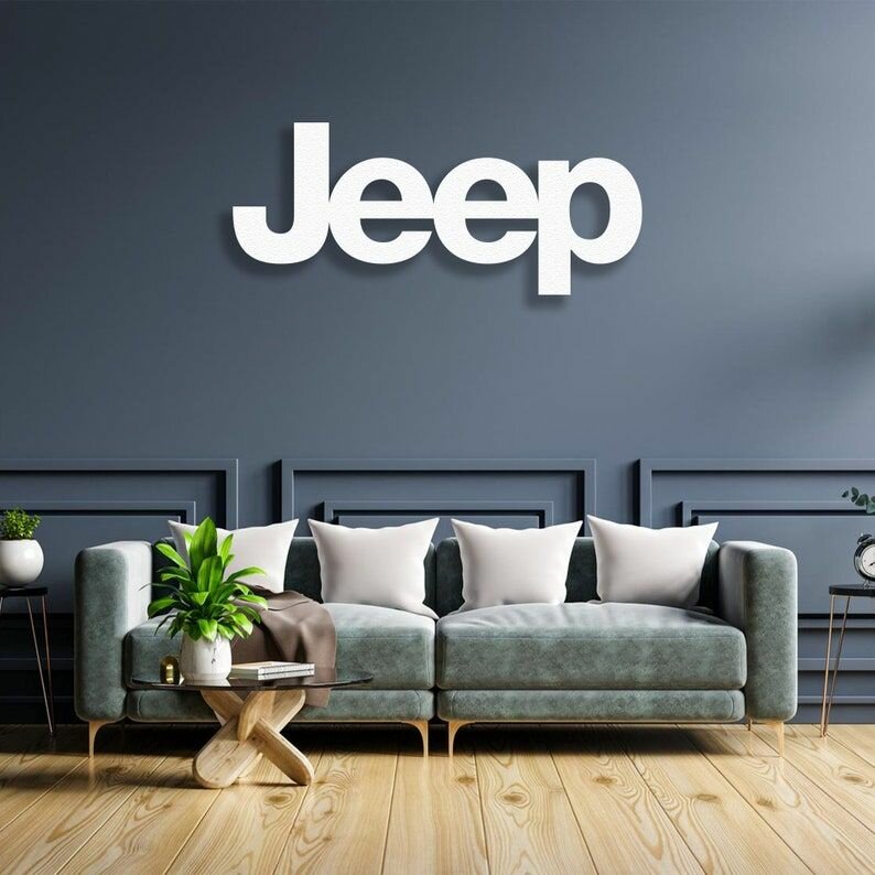 Декоративное панно деревянное, Логотип Jeep (белый цвет)