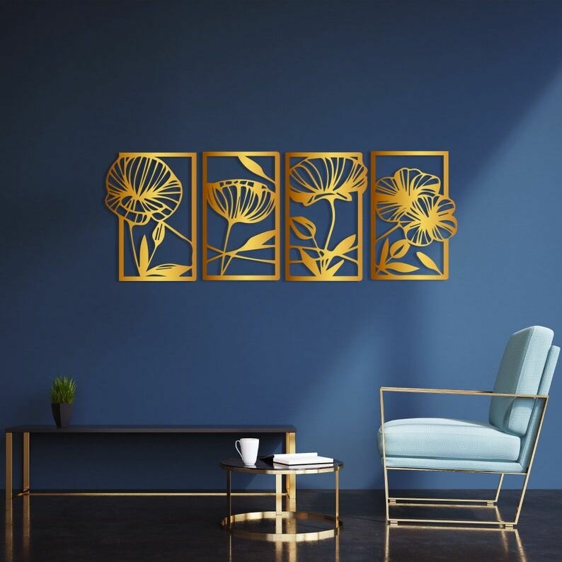 Декоративное панно деревянное, Цветы, набор из 4 элементов декора (матовое золото)