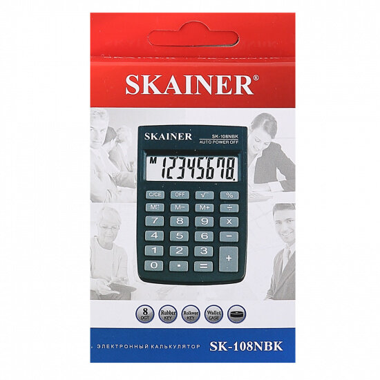 Калькулятор карманный SKAINER SK-108NBK, 8 разрядов, питание от батарейки, 58x88x10 мм, черный