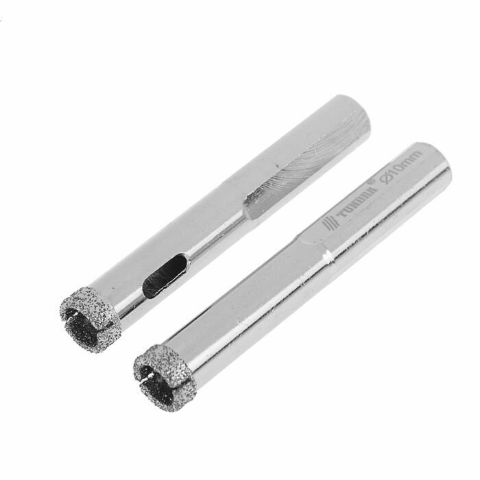 Сверло алмазное по стеклу и керамике тундра, трехгранный хвостовик, 10 х 65 мм, 2 шт.