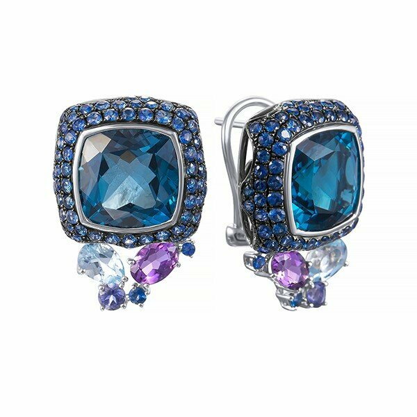 Серьги, белое золото, 585 проба, сапфир, аметист, иолит, топаз