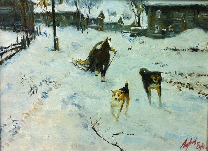 ART-Salon at Oktyabrskaya картина "Зима в деревне", 30х40 см, холст/масло, авторская работа