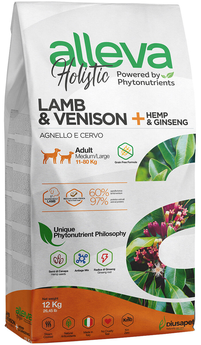 ALLEVA HOLISTIC ADULT DOG MEDIUM/MAXI LAMB & VENISON беззерновой для взрослых собак средних и крупных пород с ягненком, олениной, коноплей и женьшенем (12 кг)