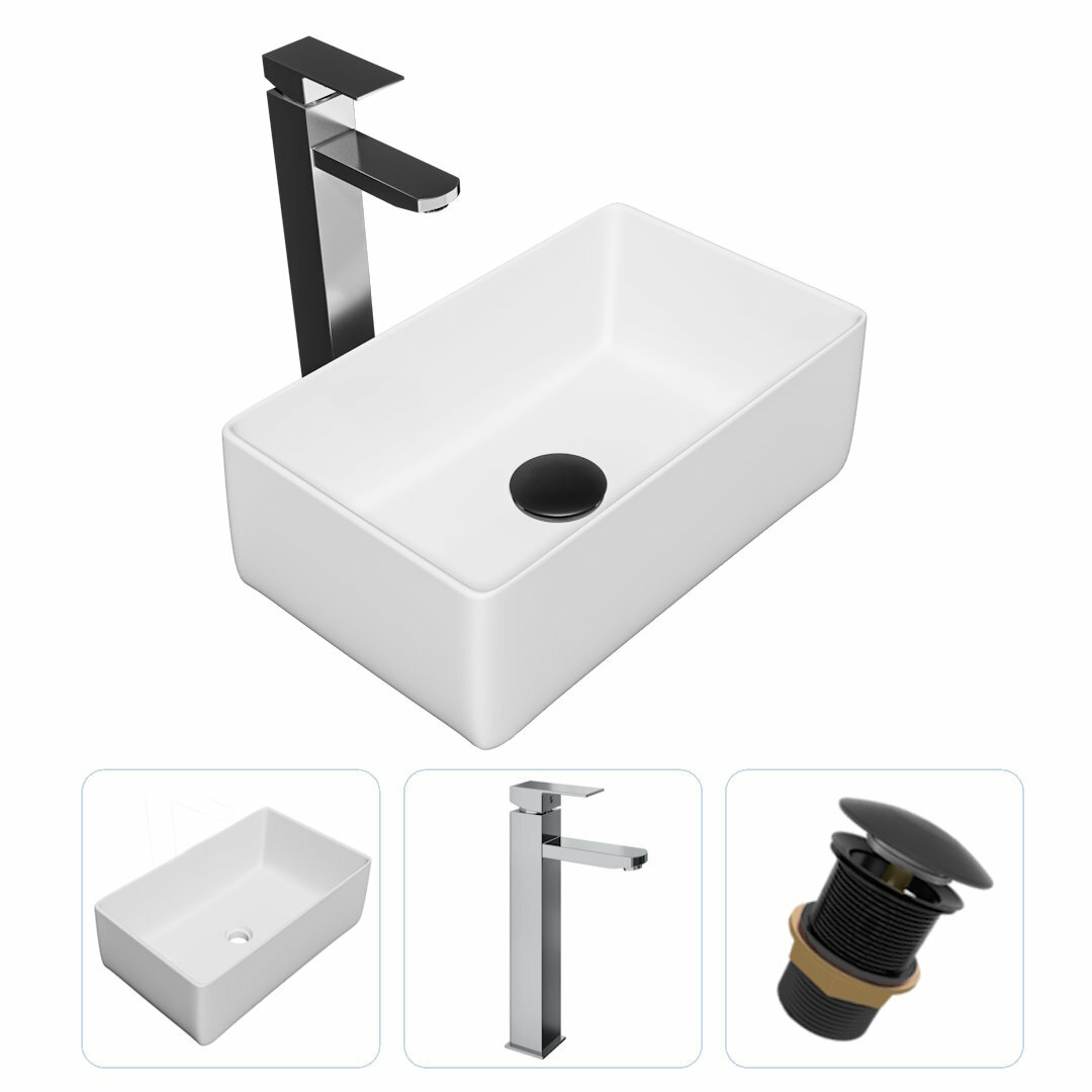 Раковина накладная для ванной Teymi Helmi Mini 38 в комплекте смеситель высокий хром и донный клапан клик-клак без перелива черный F01700