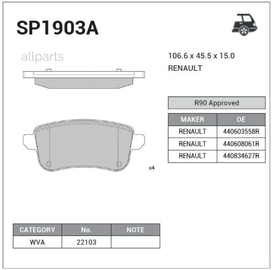 SANGSIN BRAKE SP1903A Колодки торм. дисковые Hi-Q Renault Samsung SCENIC III 09- R