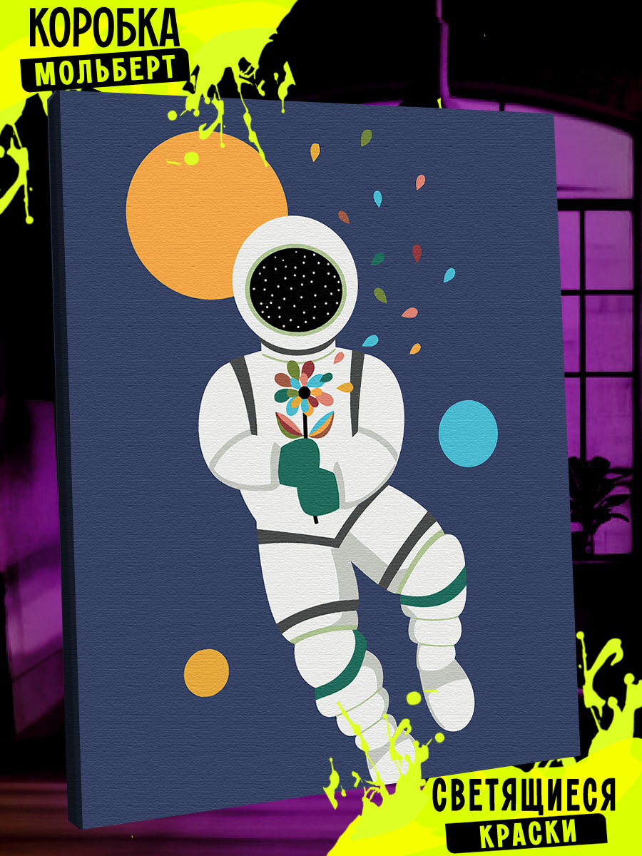 Картина по номерам светящаяся в темноте Космонавт с цветком / Cosmonaut with a flower холст на подрамнике 30*40