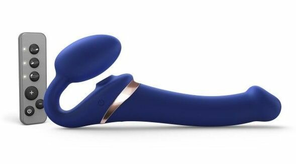 Безремневой страпон с клиторальной стимуляцией Multi Orgasm bendable strap-on size M, синий