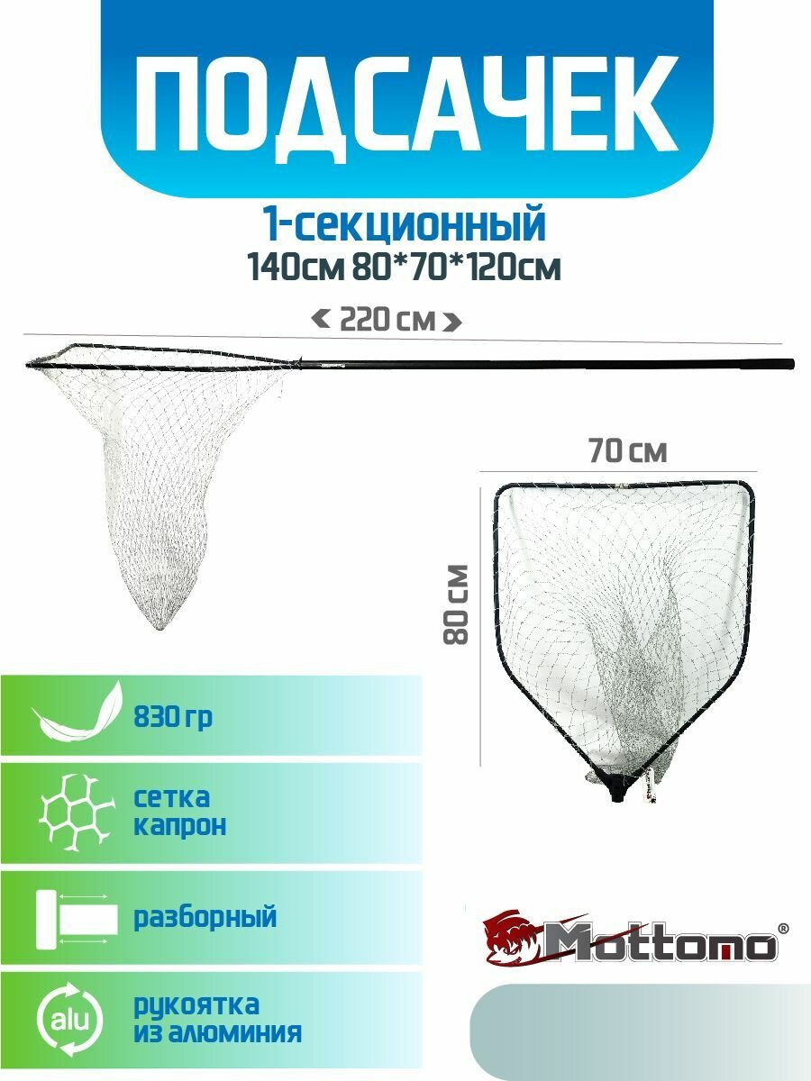 Подсак для рыбалки Mottomo 1-х секционный 140см 80*70*120см капрон для щуки, судака, лодки