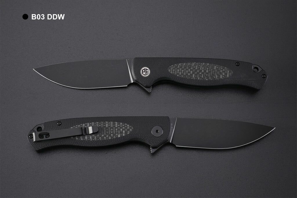 Нож складной Petrified Fish PFB03, черный карбон, сталь D2, флиппер на подшипнике