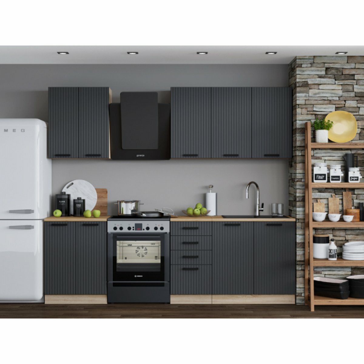 Кухня " Вельвет " 2,0 метра (Улучшенная фурнитура) цвет фасадов Графит / корпус сонома , ЛДСП, МДФ