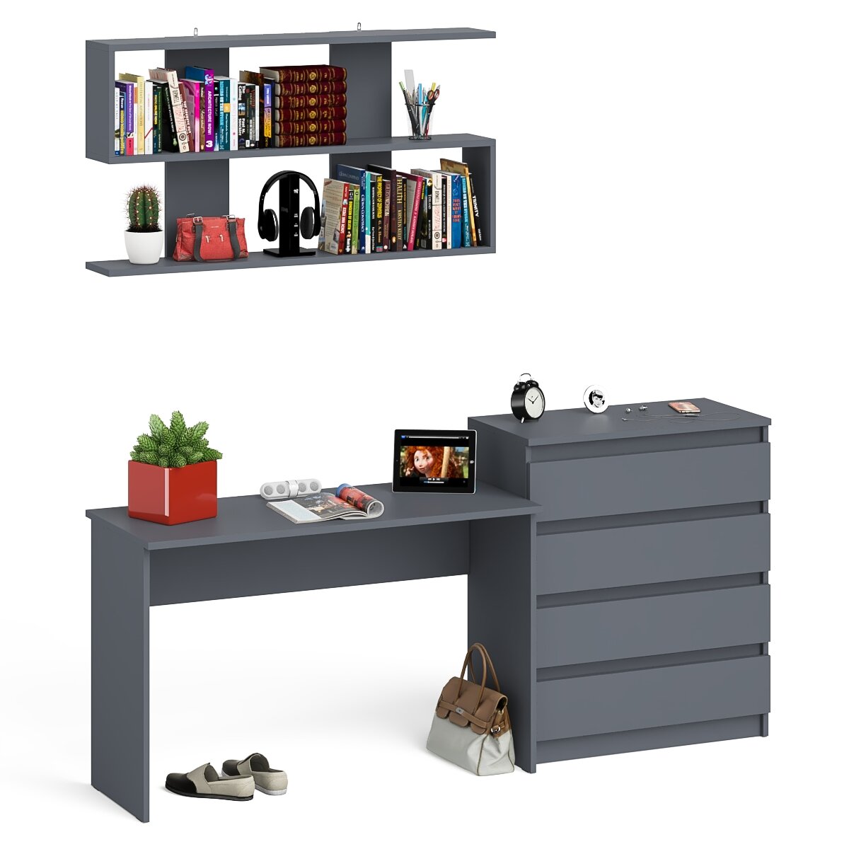 Комод четыре ящика СВК Мори МК800.4 с письменным столом с навесной полкой на 1200 графит