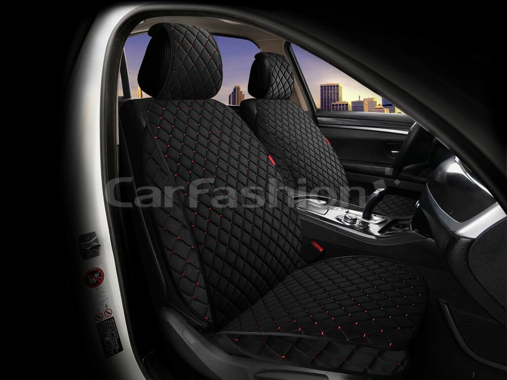 Накидки для Changan / Чанган CS55 Plus CS35+ CS75+ UNI-T Alsvin и др. на передние сиденья SOKOL FRONT Велюр Черный с красной строчкой