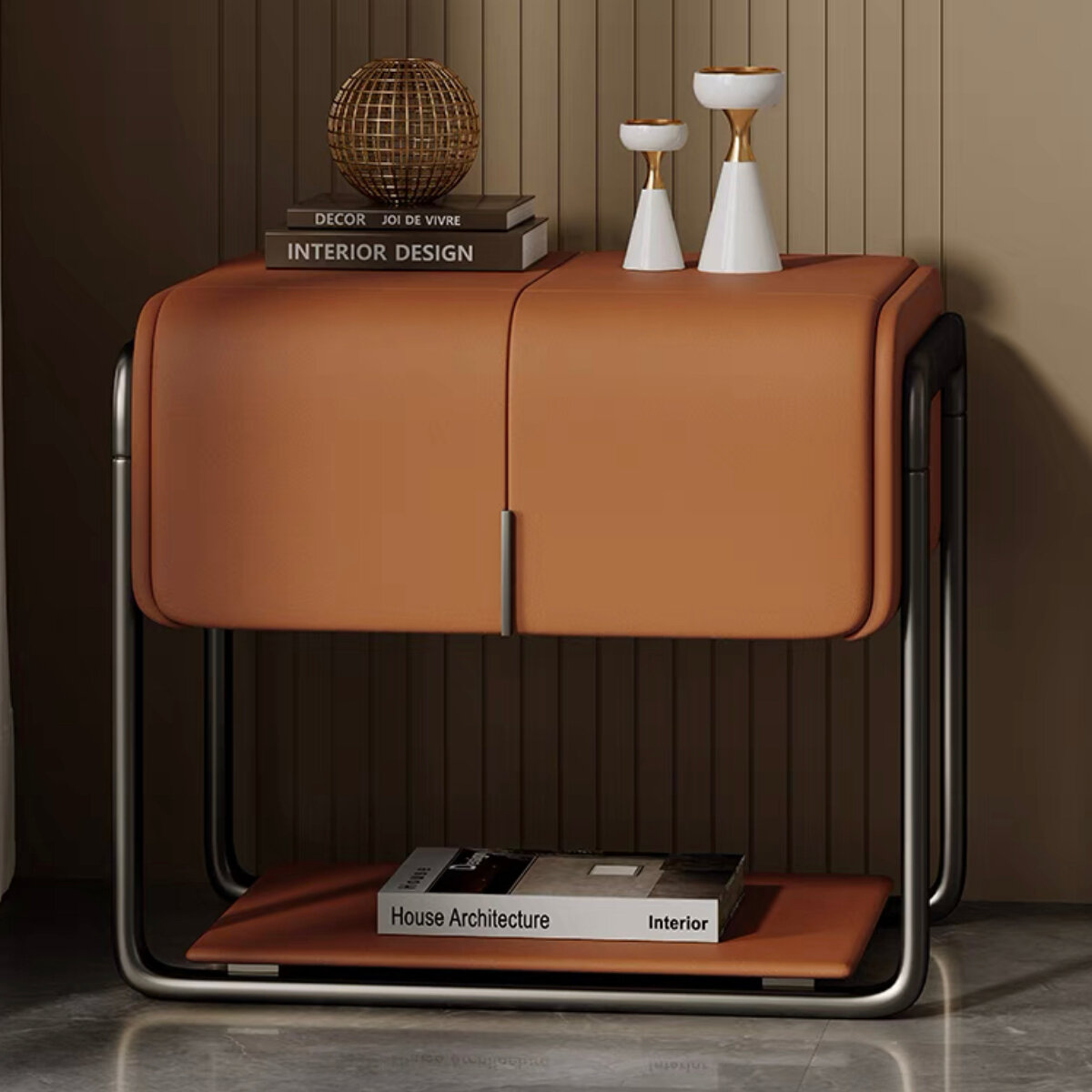 Прикроватная тумбочка Ladin на металлических ножках обитая экокожей (Оранжевый)