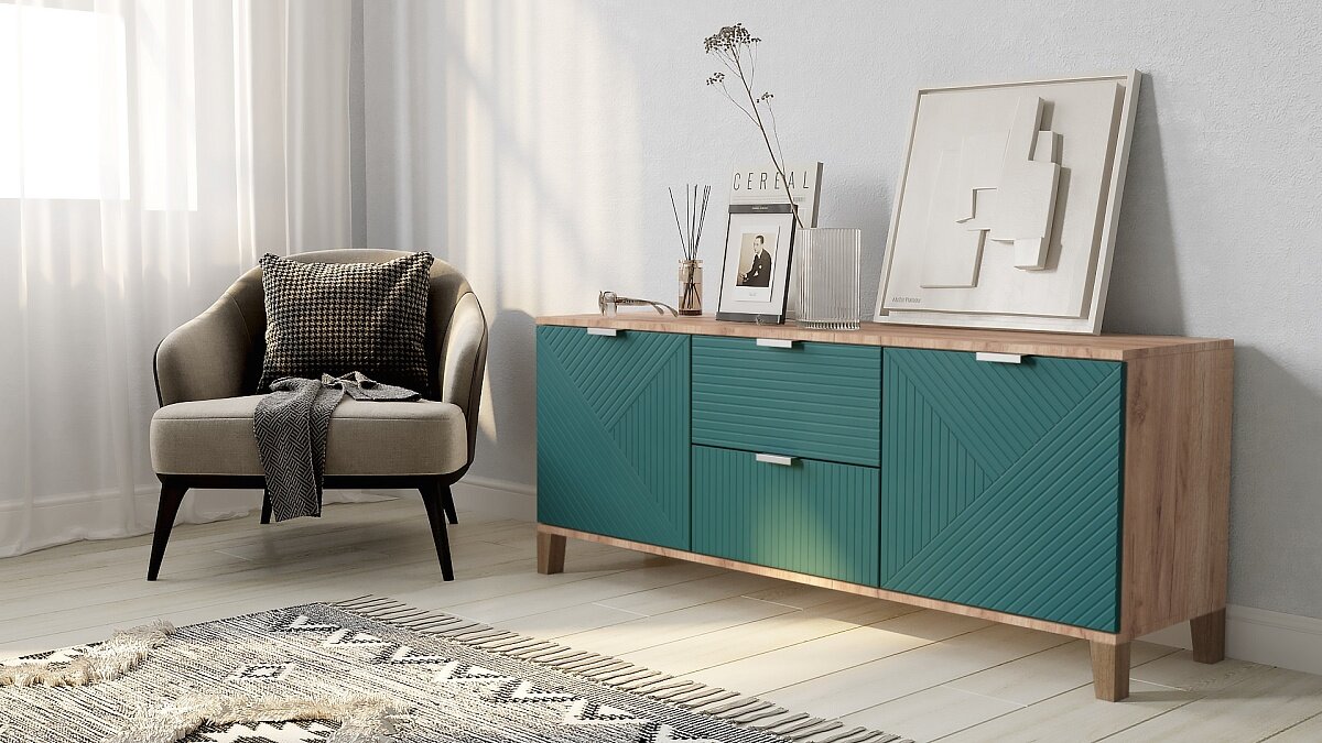 Комод МебельЛэнд24 Марвин Йорк - 1 Аквамарин 150x40x60 синий двухдверный с 2 ящиками