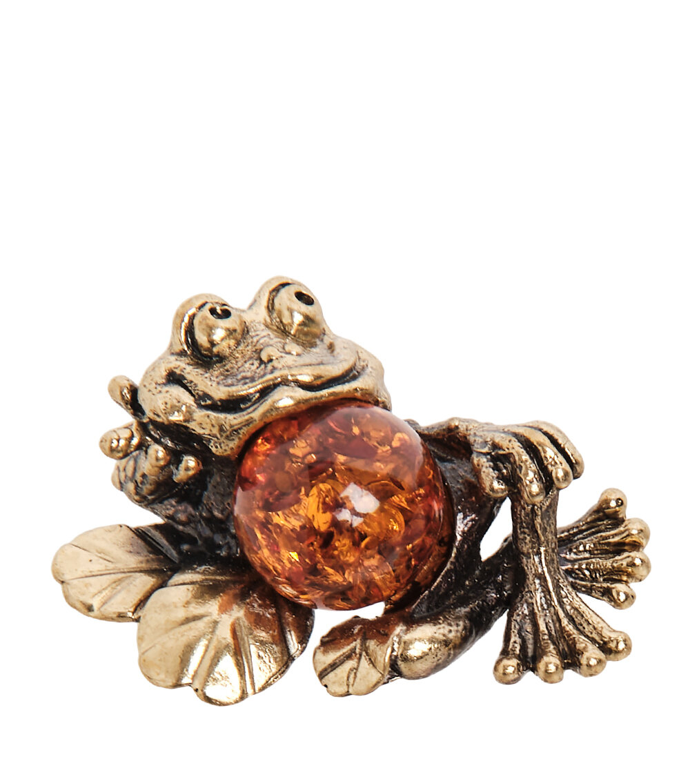 Фигурка 'Лягушка на лепестке' (латунь, янтарь)