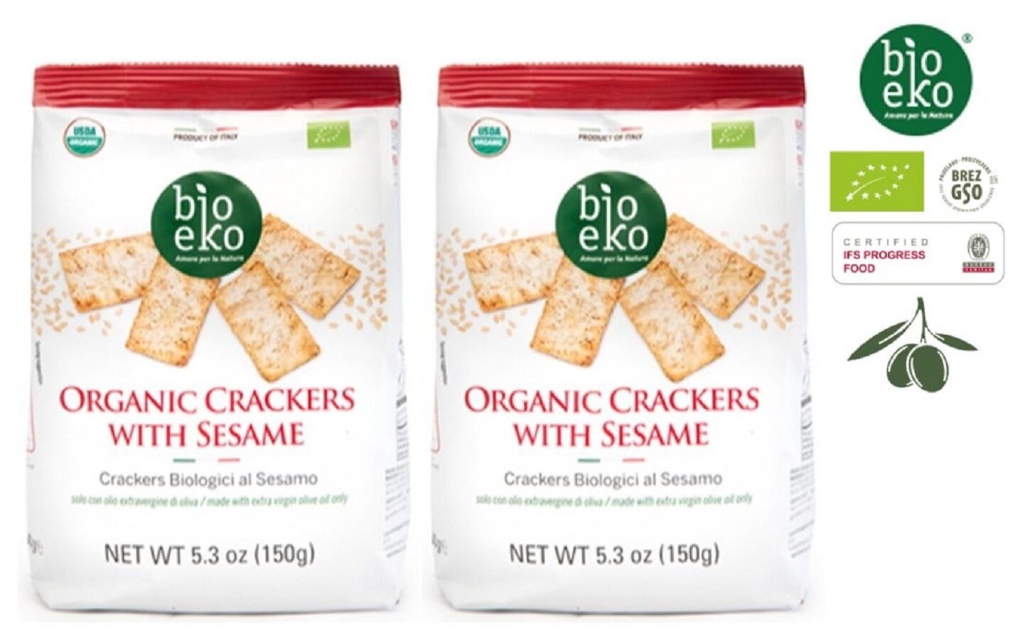 Крекеры пшеничные с кунжутом, отрубями и оливковым маслом био Италия 2х150г