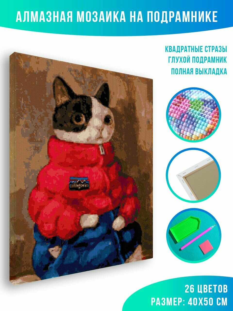 Алмазная мозаика на подрамнике - вышивка Котик в куртке 40 х 50 см