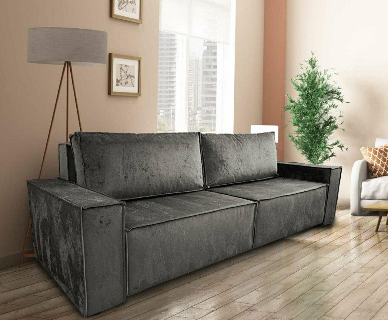 Диван MF-SOFA "Лофт", с подлокотниками, еврокнижка, серый велюр