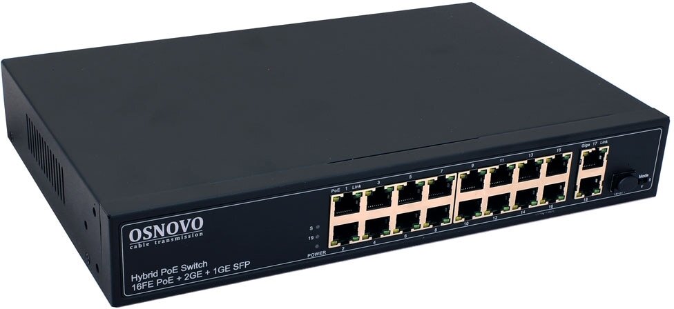 Коммутатор PoE коммутатор FE, 16 *10/100 Base-T с PoE, 2 x GE Uplink (RJ45), 1 x GE SFP Uplink, мощность PoE на порт до 30W, суммарно PoE до 292W