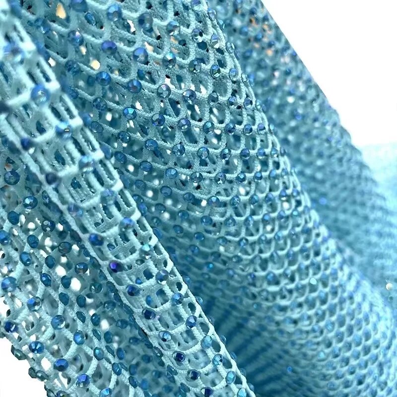 OMZHIMO Эластичная сетка с стразами SS10 Голубой, 50cmX50cm, Light blue