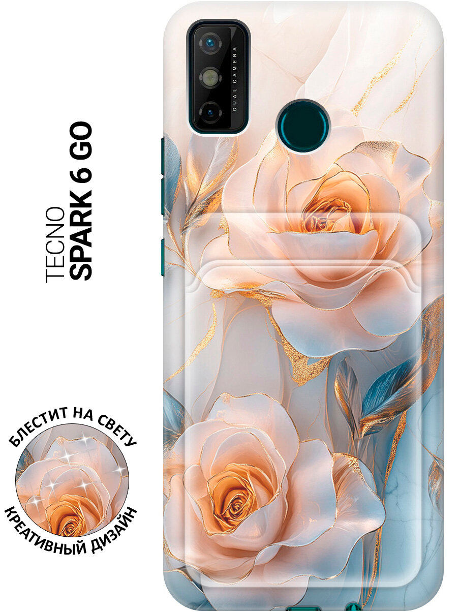 Силиконовый чехол на Tecno Spark 6 Go с принтом "Белые розы на мраморе" с карманом для карты