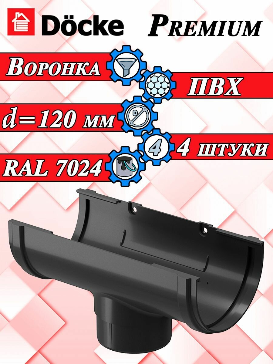 Воронка желоба 4 штуки Docke Premium ПВХ графит RAL 7024 (d 120 мм) для водосточной системы Деке (120/85) серый элемент водостока для крыши