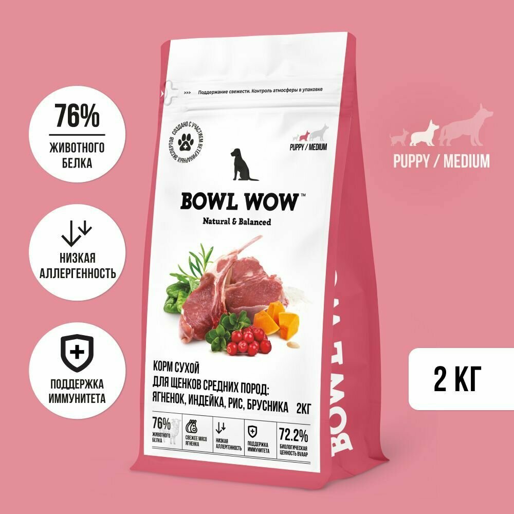 Корм сухой BOWL WOW супер премиум со свежим ягненком, индейкой, рисом и брусникой для щенков средних пород полнорационный, натуральный с высоким содержанием белка для суставов, 2 кг