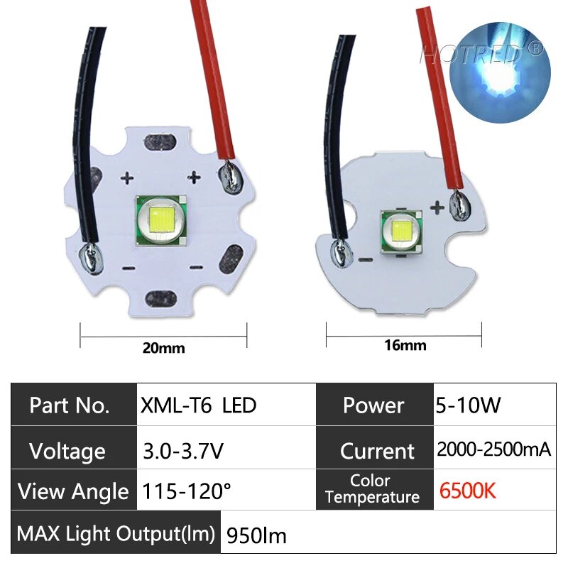 Светодиоды HotRed XLM T6 XMLL2 5050 T6-Cold White, 16mm Led With Wire