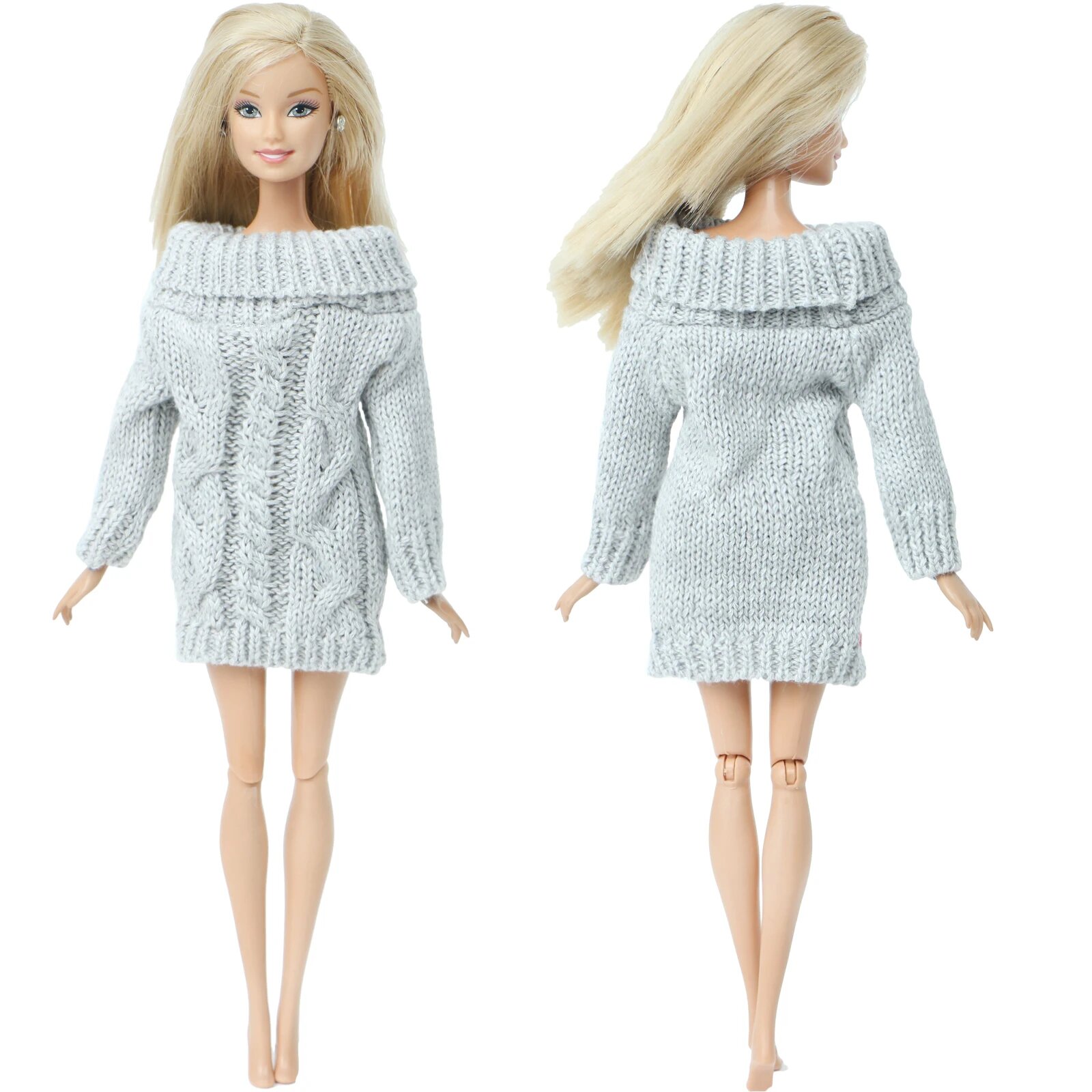 Кукольная одежда: серое вязаное платье для Barbie