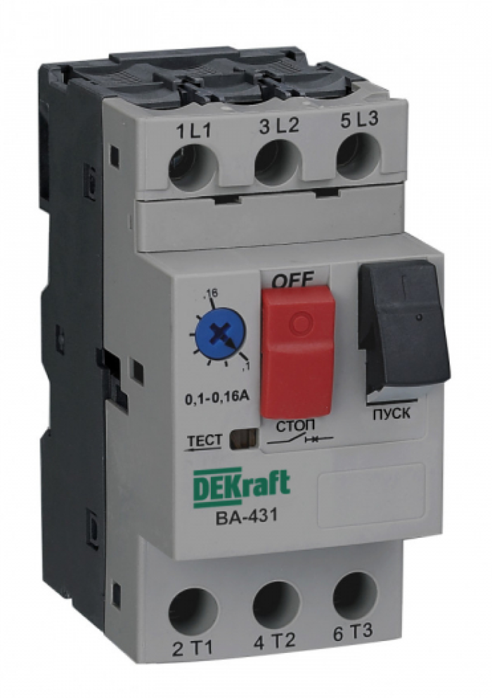 Пускатель ручной кнопочный DEKraft / ДеКрафт ВА-431 в пластиковом корпусе с термомагнитным расцепителем, серый, 3 полюса, 690В 4А 100кА, IP20, 21227DEK