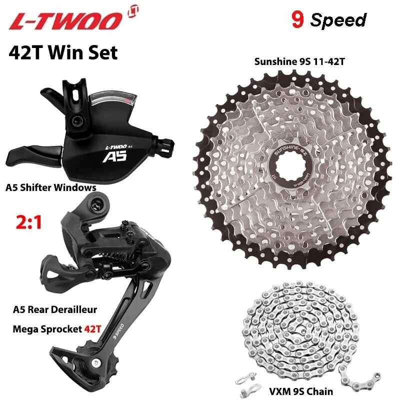 L-TWOO A5, группа 1x9, переключение SL-R/RD (С окном), кассета Sunshine 11-42T, цепь Newbie 9S, Комплект для переключения скоростей велосипеда(набор из 4 шт.)