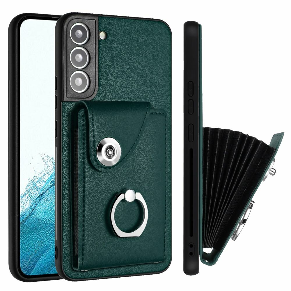 Кожаный чехол для Samsung Galaxy S22 (Самсунг галакси с22) с кнопкой, бумажником, визитницей и коротким ремешком
