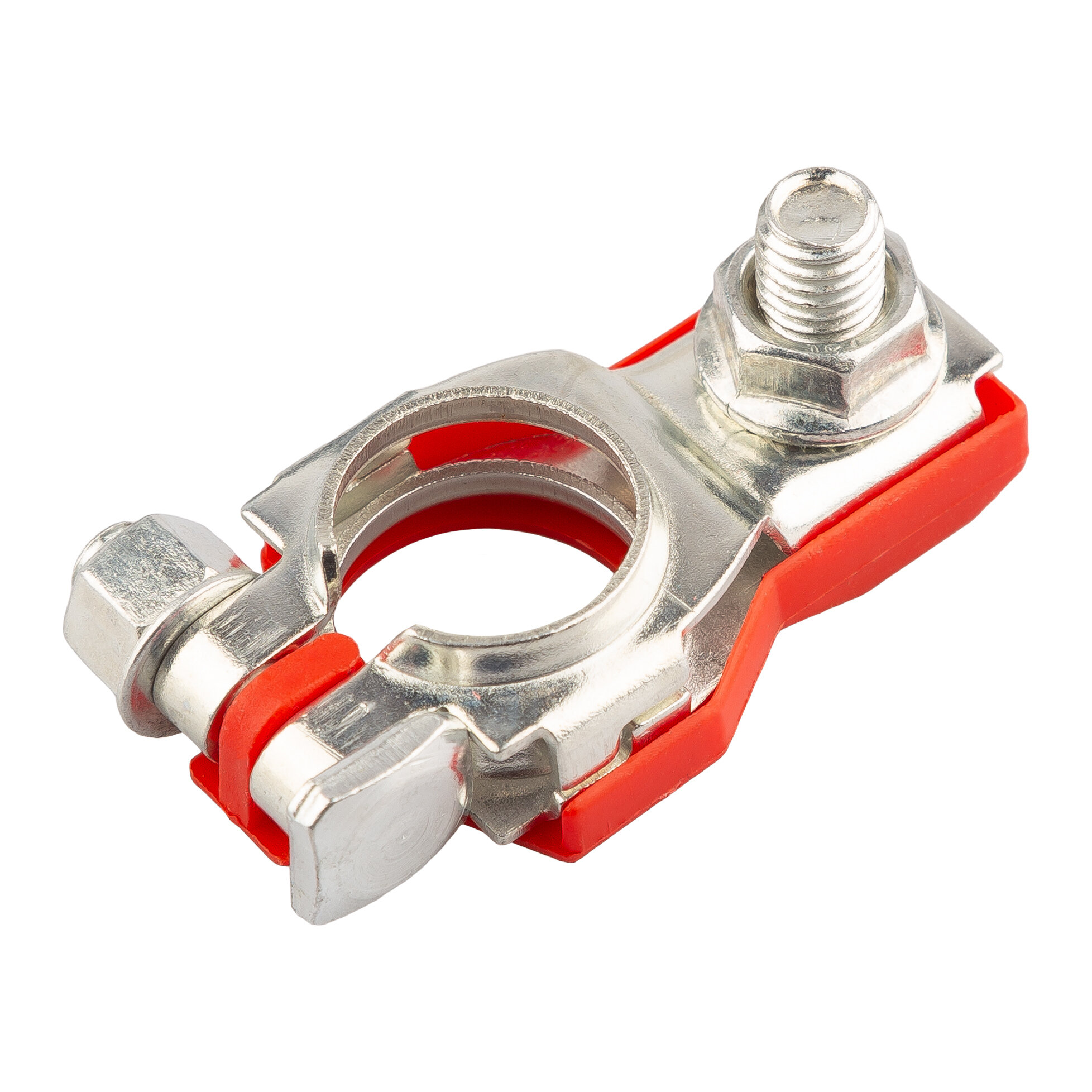 Клемма АКБ WB12R сталь красная плюс (с латунным покрытием, с пластиковой защитой, под зажим провода болтом М8 с конусной гайкой), 1шт. (WB)