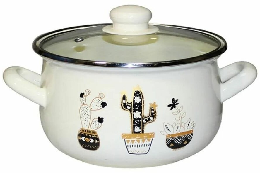 Кастрюля эмалированнаяс крышкой INTEROS Кактусы белые 4,0л с/к 4015А
