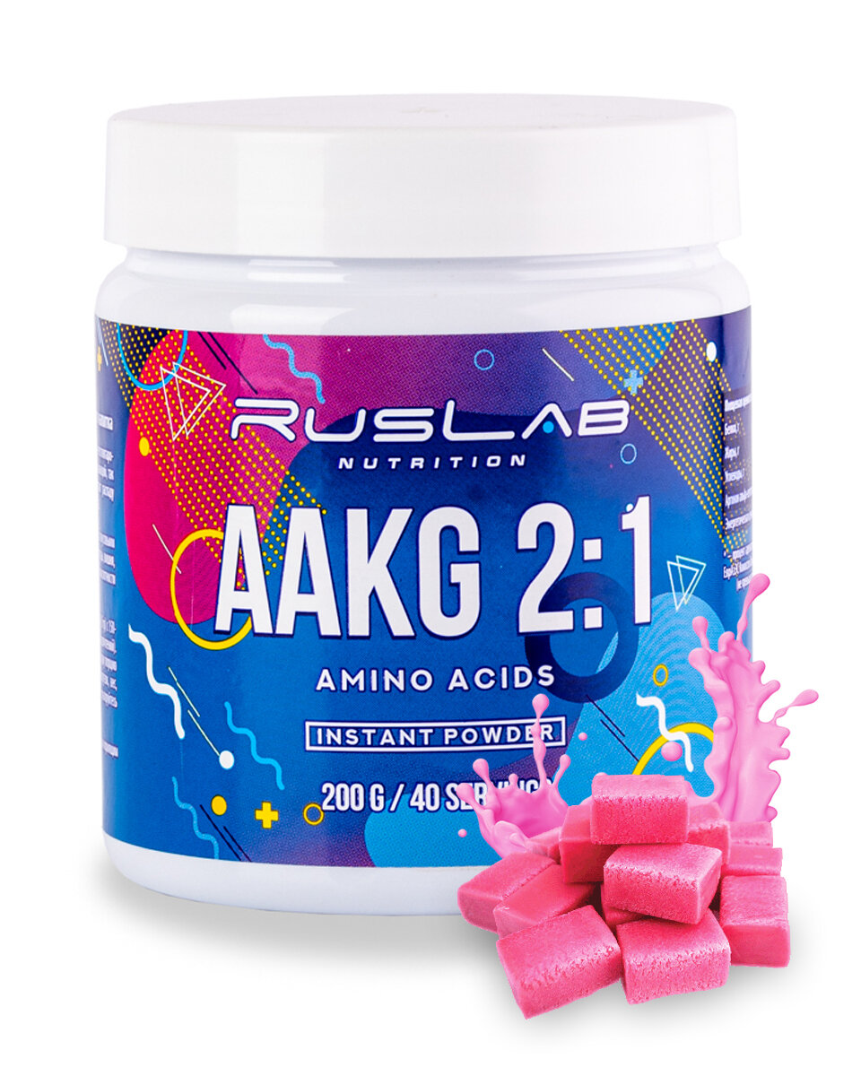 Аминокислота RusLab Nutrition AAKG, аргинин, вкус бабл-гам, порошок, 200 г