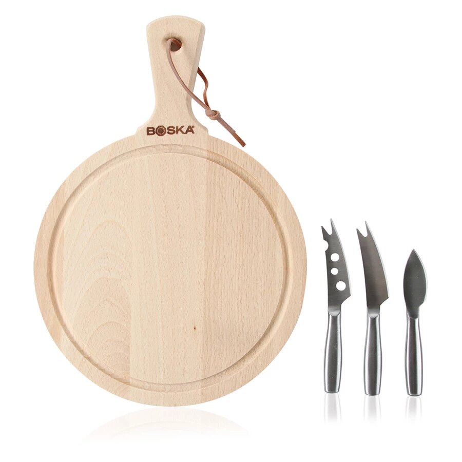 Набор для сыра Boska Амиго, доска круглая из бука с ручкой 24х34 см и 3 мини ножа из стали, п/к