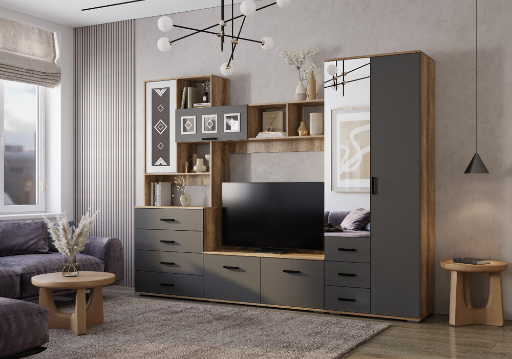 Стенка в гостиную со шкафом Нонтон Вегас №2, 280x47x212 см, дуб каньон / графит