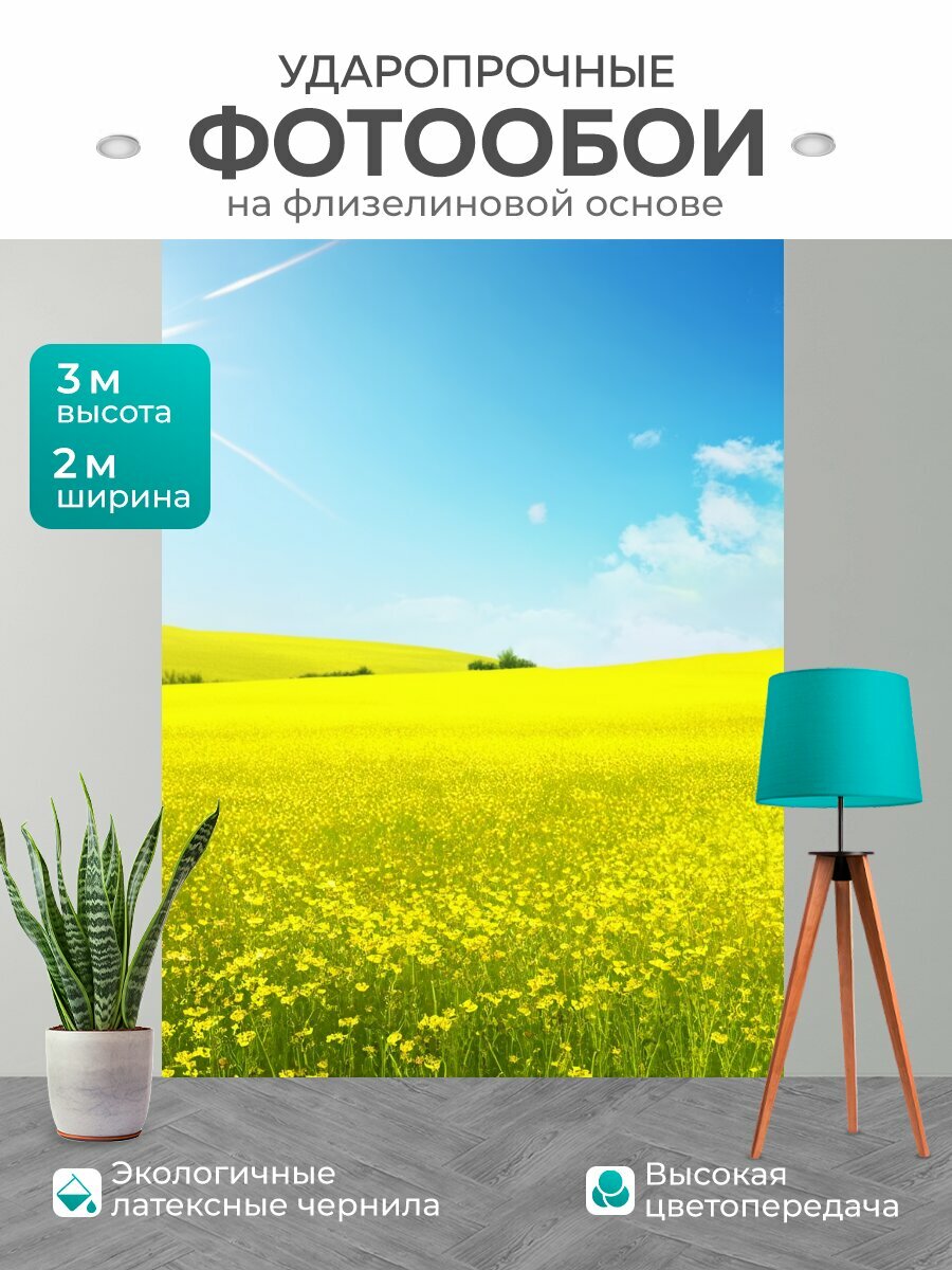 Фотообои моющиеся ударопрочные "Солнечное утро на желтом поле с цветами, создающим атмосферу свежести и восторга. стиль: пейзажная живопись с акцентом" 200x300 см. флизелиновые на стену