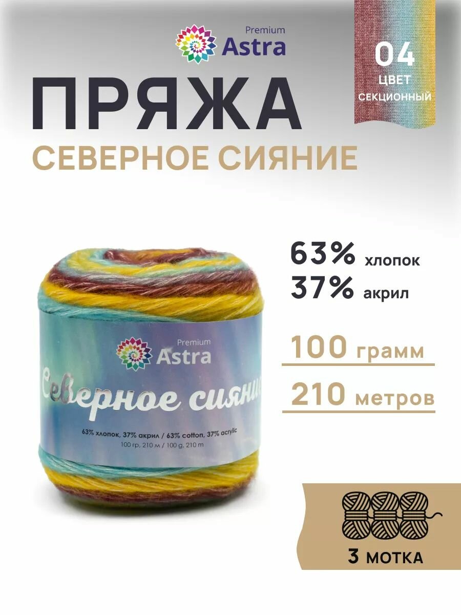 Пряжа для вязания Astra Premium 'Северное сияние' 100г, 210м (63% хлопок, 37% акрил) (04 секционный), 3 мотка